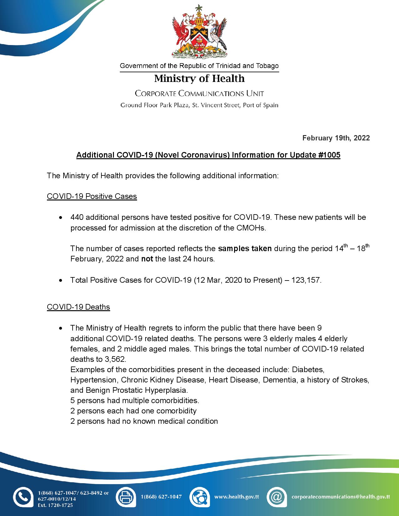 COVID-19 UPDATE - Saturday 19th February, 2022 | Ministry of Health